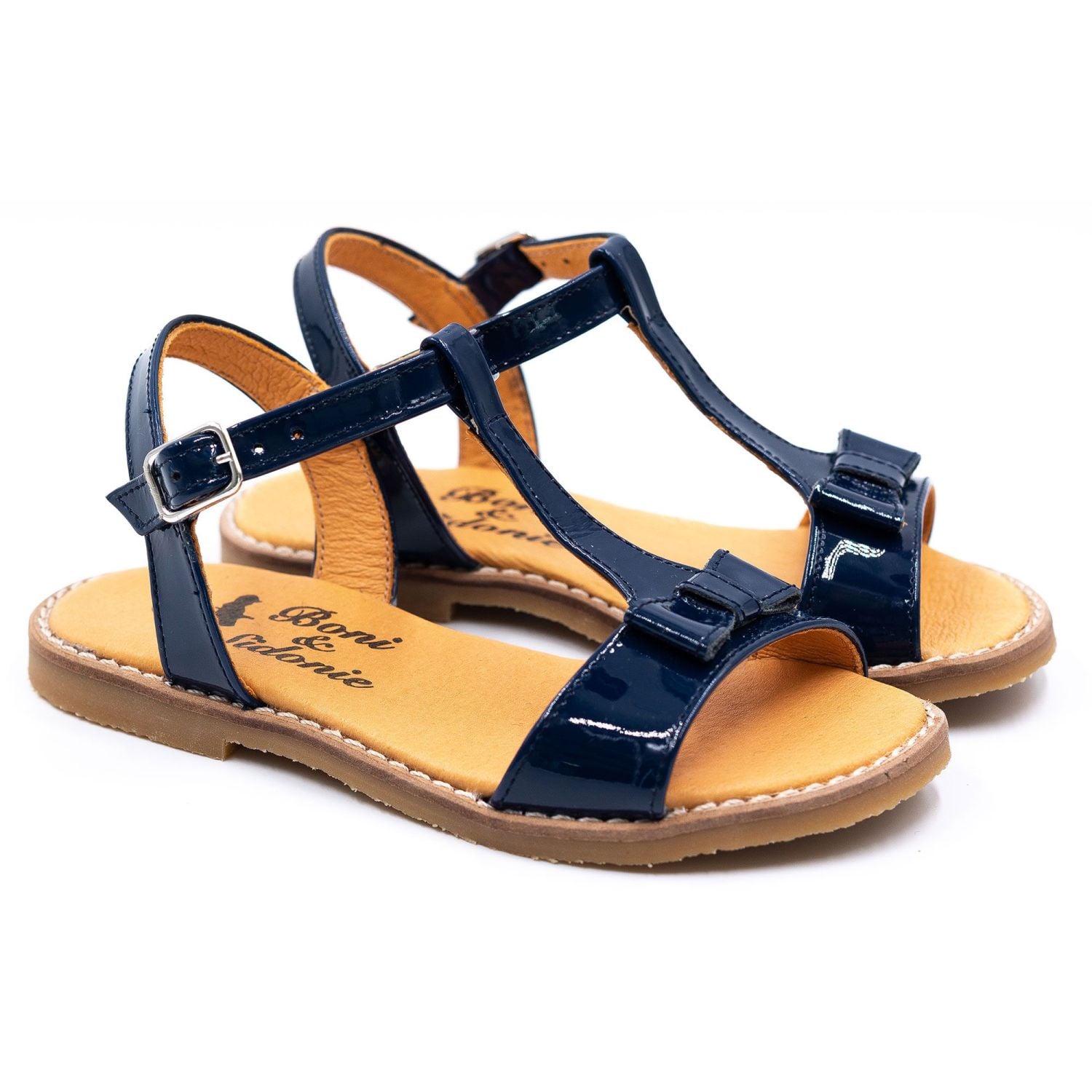 Sandale fille en cuir vernis bleu marine ou blanche - Boni Blanca